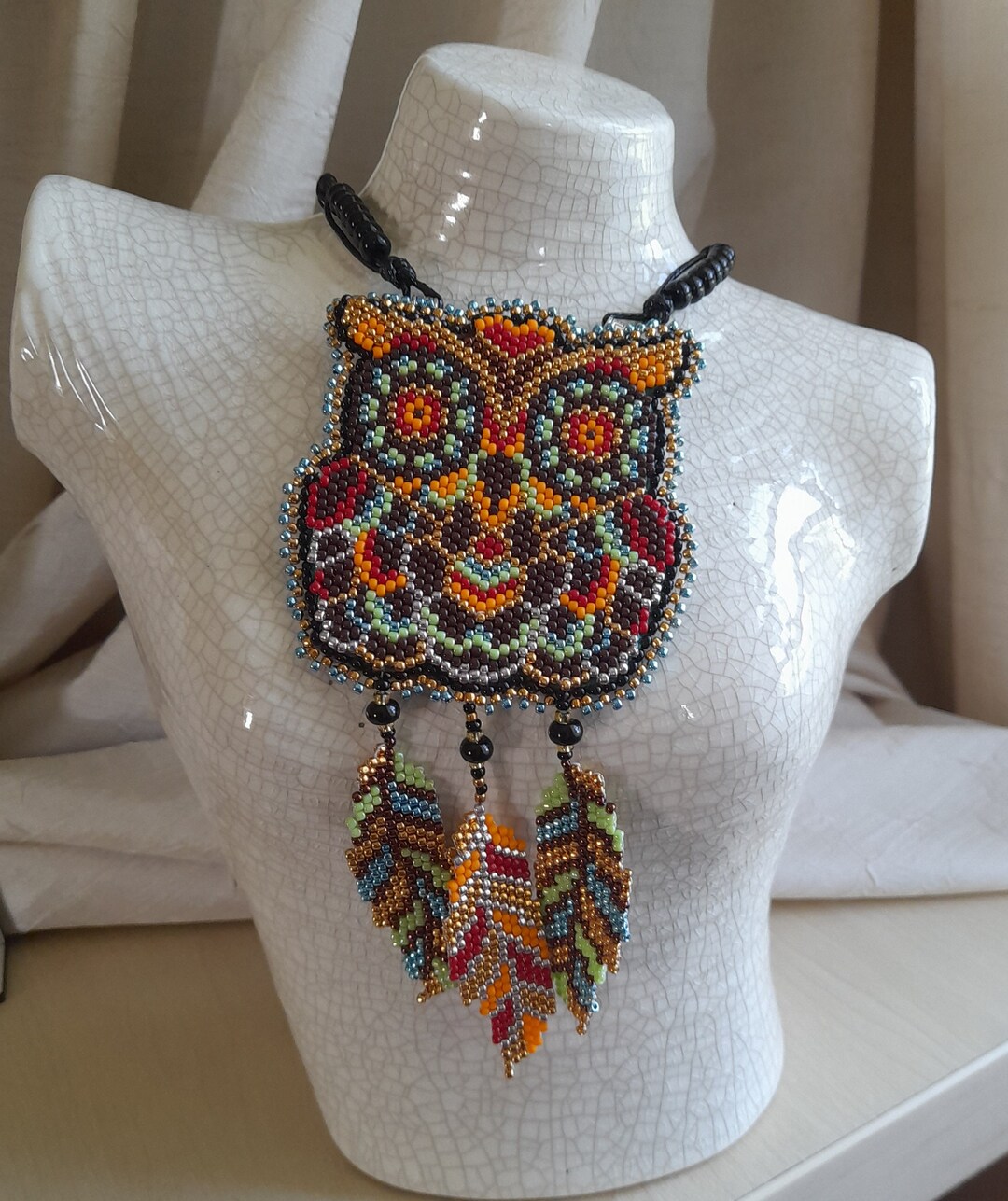 Beaded Owl Necklace, Owl Decoration Bird. Beaded Pendant Owl. Beaded ...
