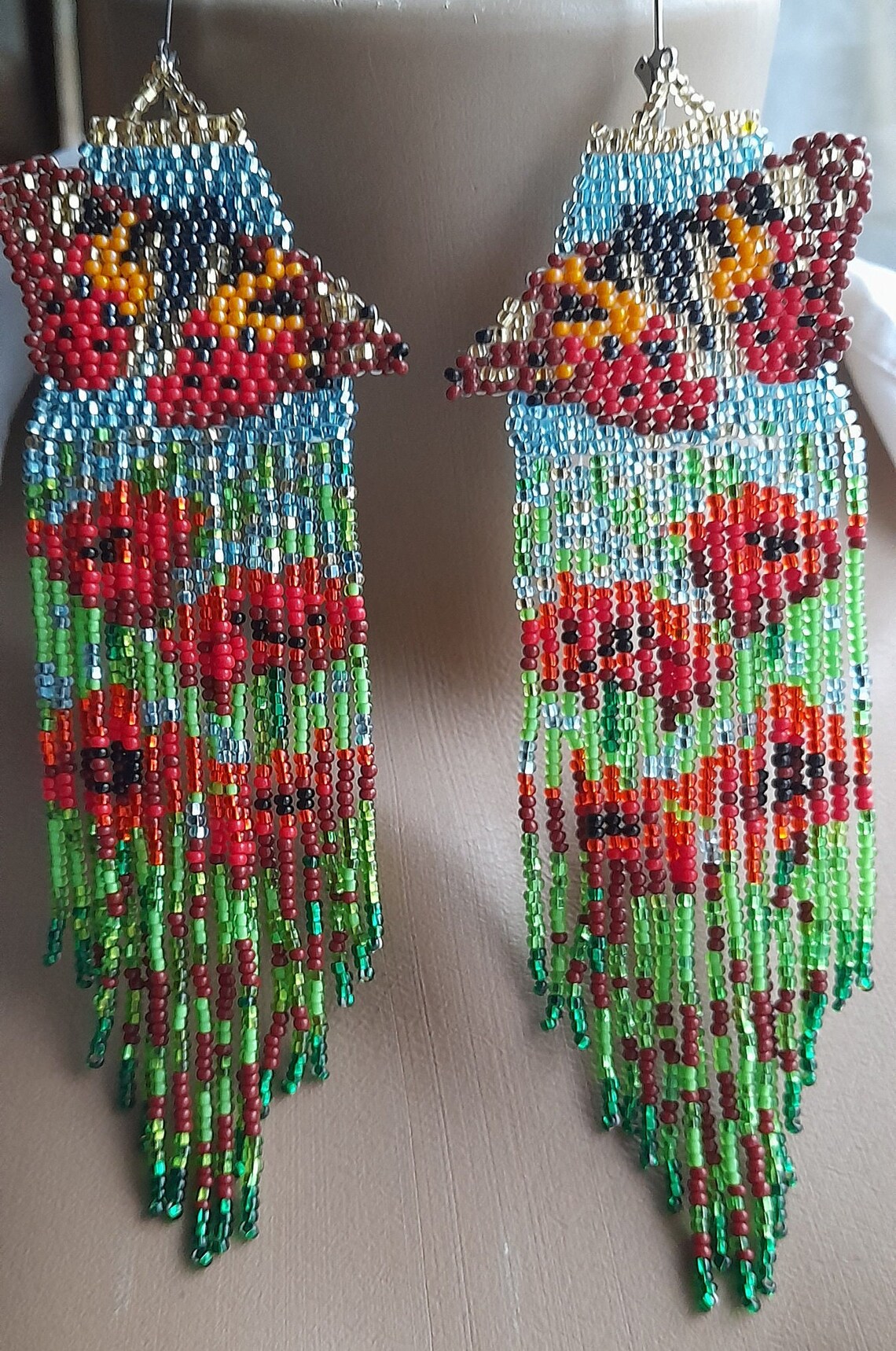 Butterfly Beaded Errings Poppy Beaded Earrings Long Fringle - Etsy