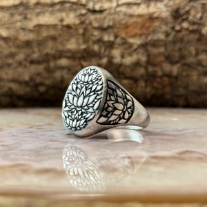 Oxidized Lotus Flower Mens Ring, Lotus Ring, Japanese Kanji Ornamental ...