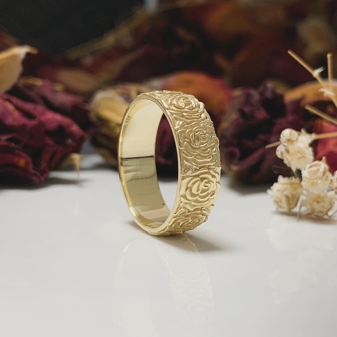 14K Gold Rose Flower Wedding Ring, Floral Engagement Band, Eternity ...