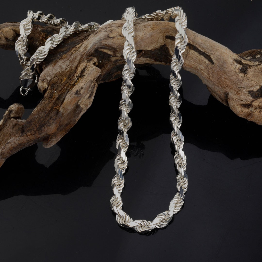 Solid Silver Heavy Rope Chain Necklace, 925k Sterling Silver Diamond ...