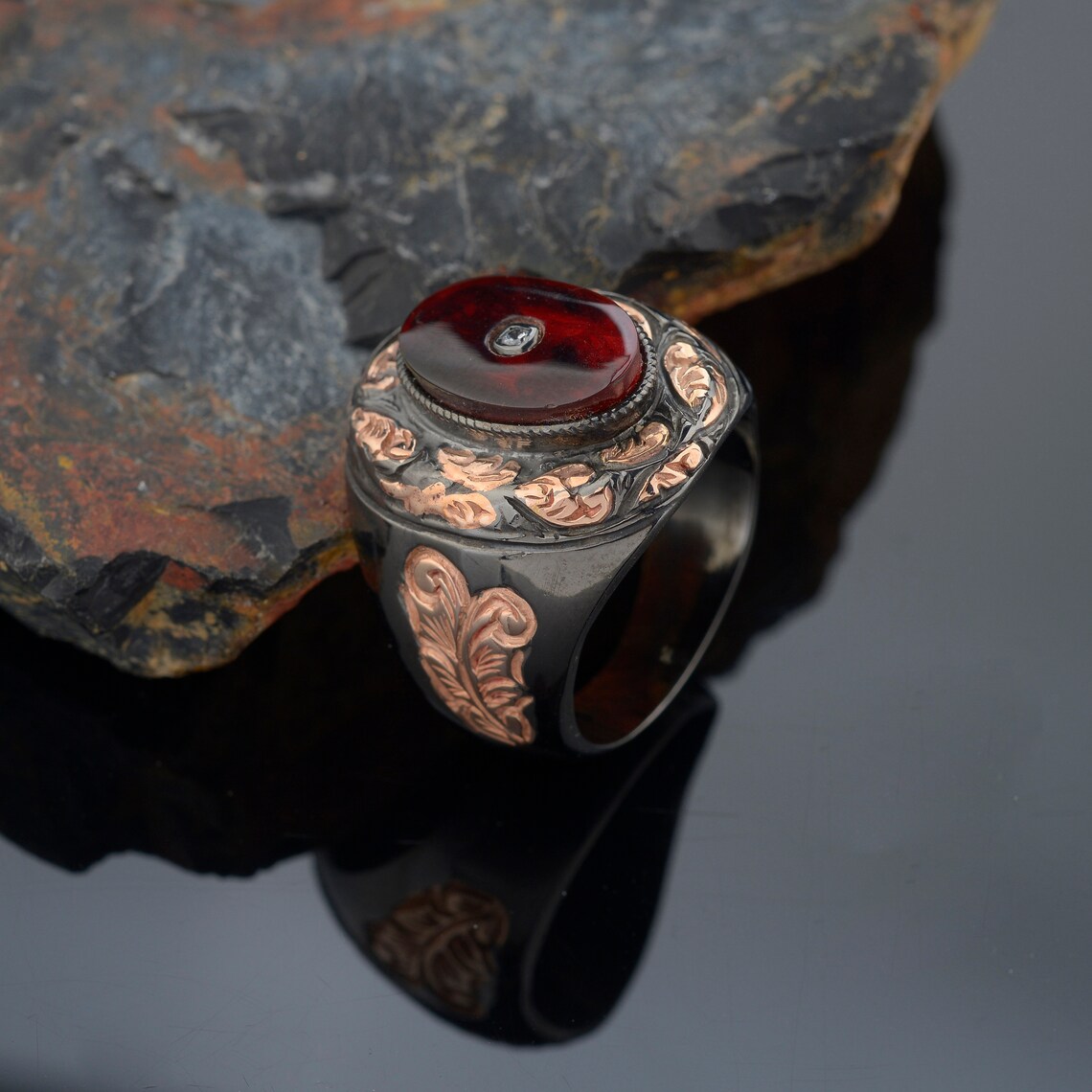 Red Amber Ring Men Sterling Silver Gemstone Ringman Handmade | Etsy