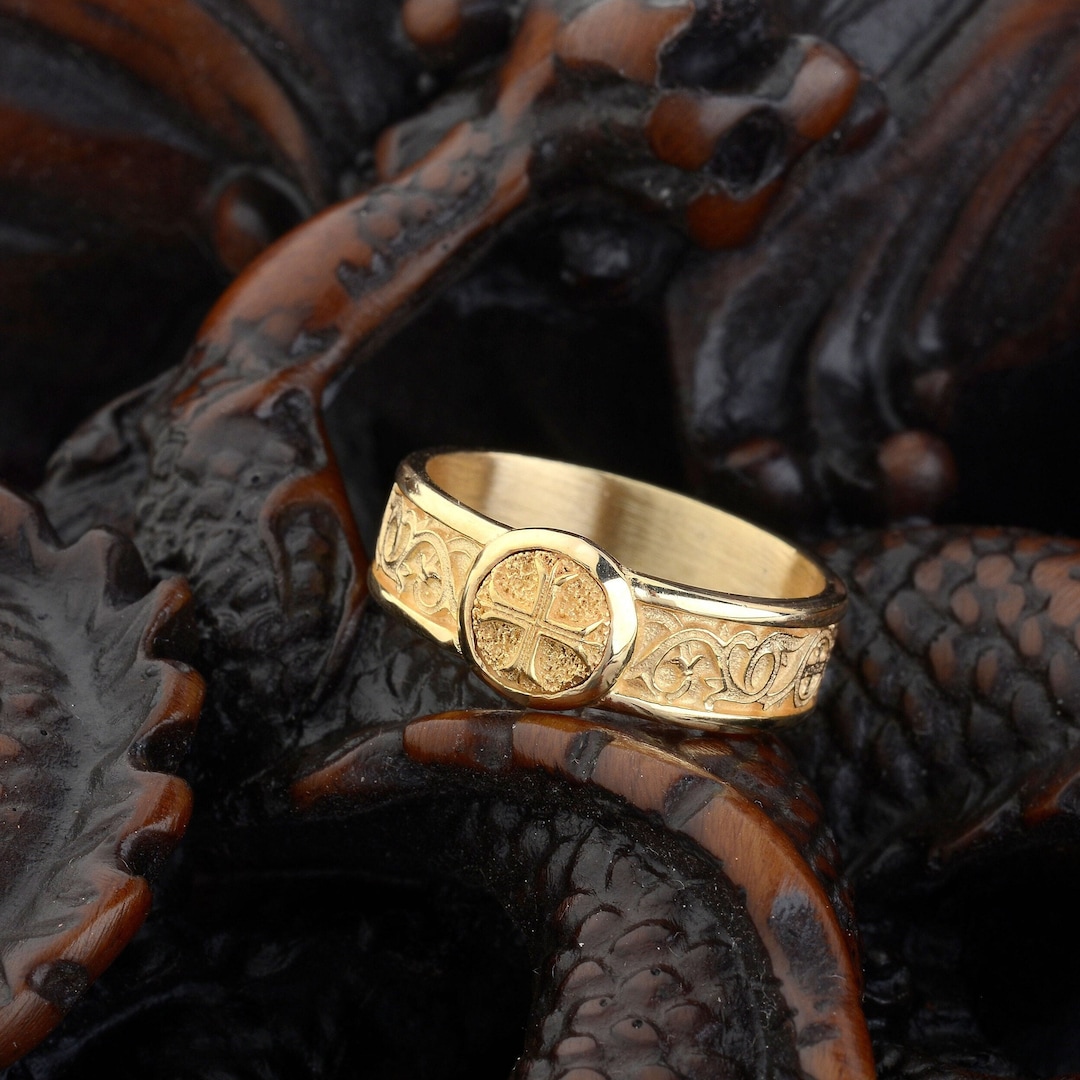 10k Gold Cross Handmade Band Ring, Fathers Day Gift, Christian Men Ring ...