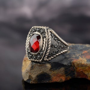 Mens Ring, Sterling Silver Red Zircon Mens Ring, Gemstone Ring for Man ...