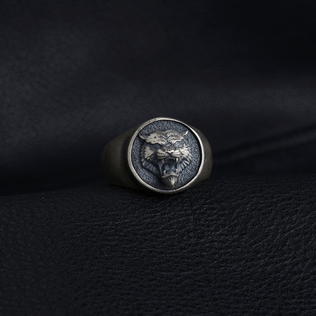Mens Pinky Tiger Signet Ring Tiger Cat Ring, Handmade Sterling Silver ...
