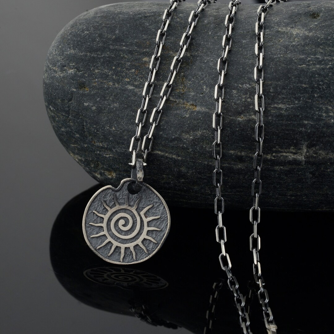 Sunbrust Necklace, Silver Coin Sun Necklace, Man Oxidized Sun Pendant ...