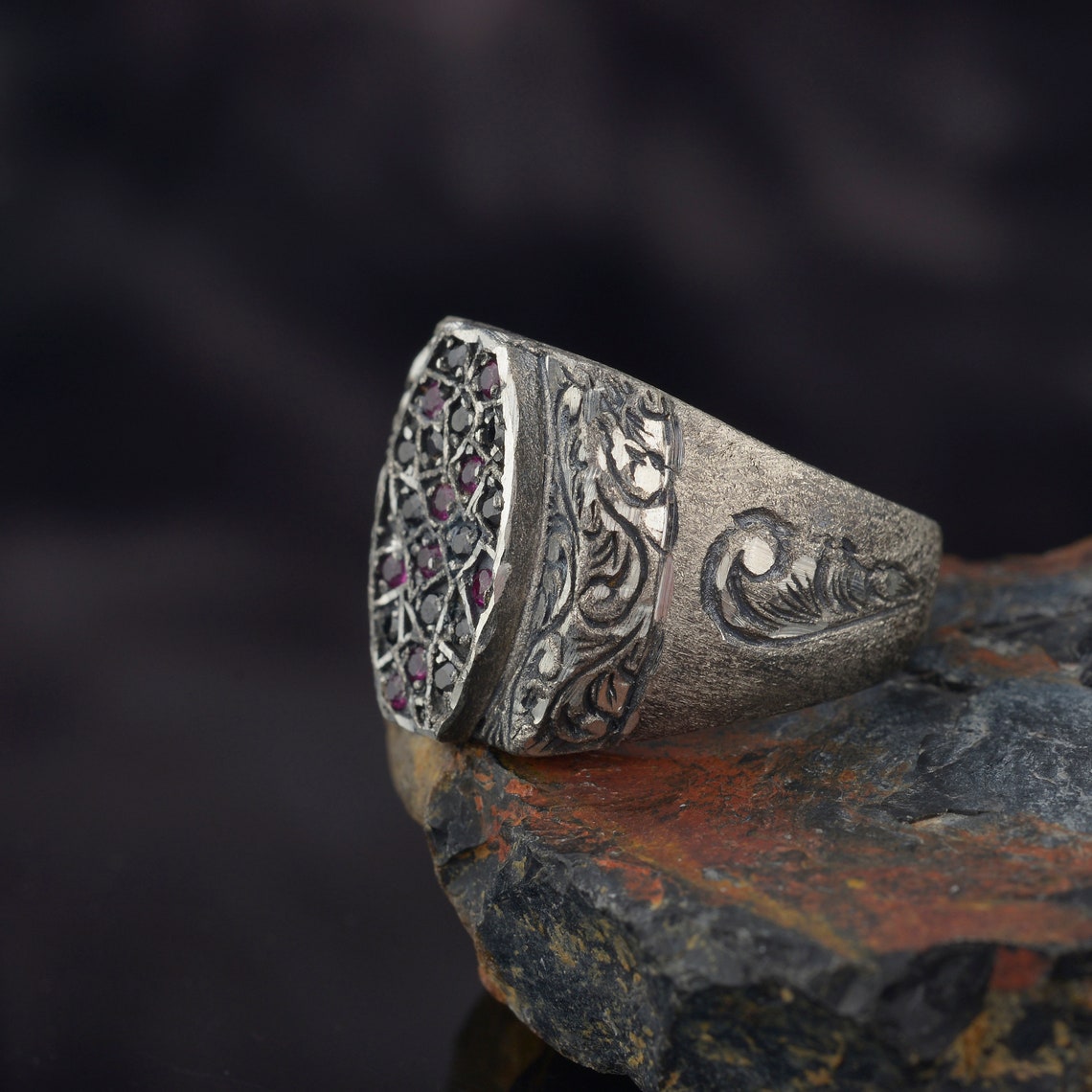 Vintage Man Ring,mens Engraved Ring ,gemstone Handmade Sterling Silver ...