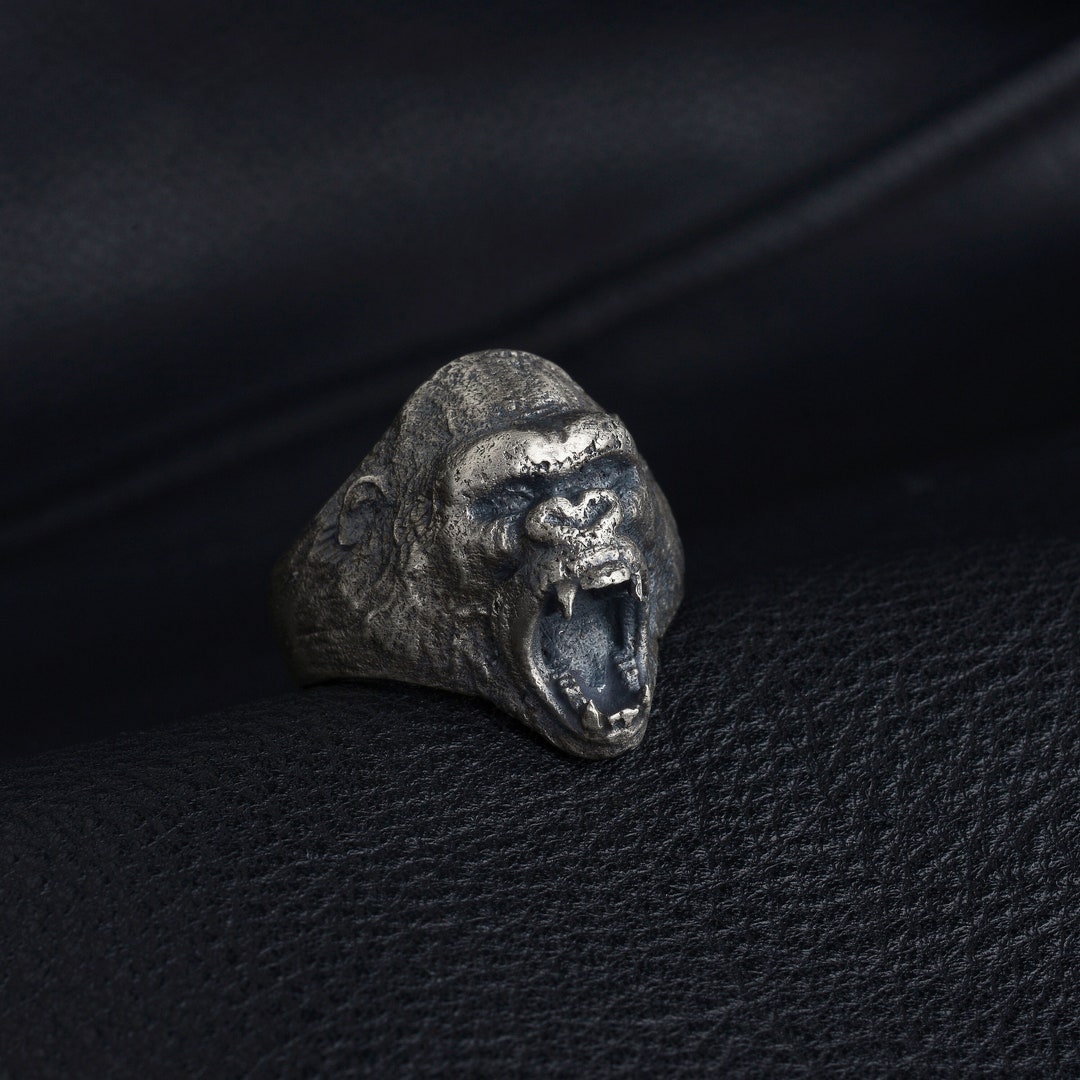 Silver Angry Monkey Ring Mens, Silver Animal Rings, Biker Ring, Silver ...