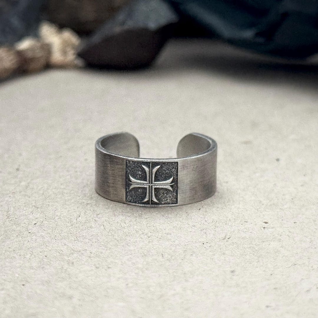 925 Silver Adjustable Templar Cross Band Ring, Christian Men's Ring, Oksidized Signet Ring for ...