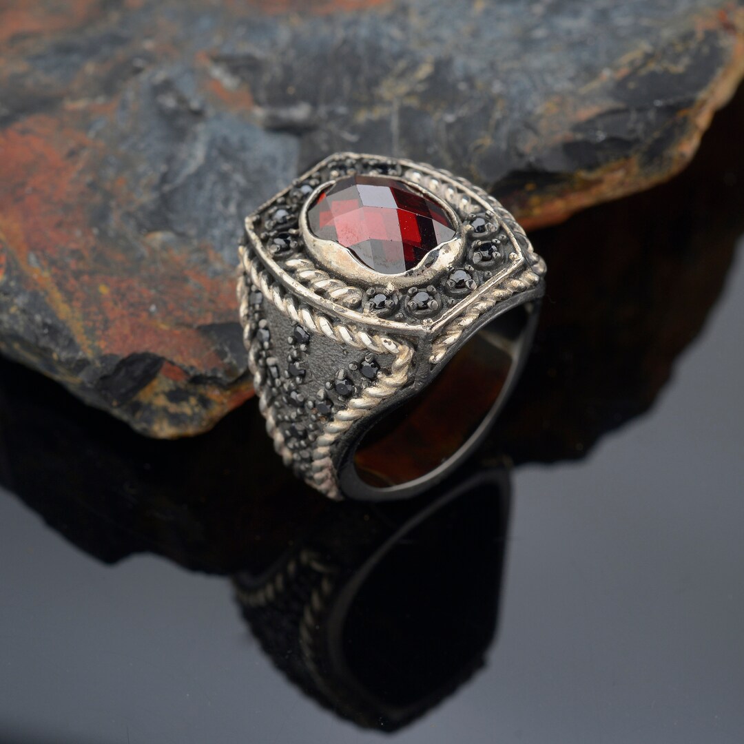 Mens Ring, Sterling Silver Red Zircon Mens Ring, Gemstone Ring for Man ...