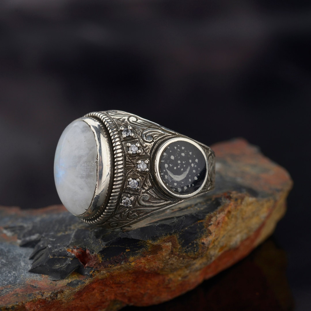 Moonstone Rings for Men, Hand-painted Man Ring,sterling Silver Unique ...