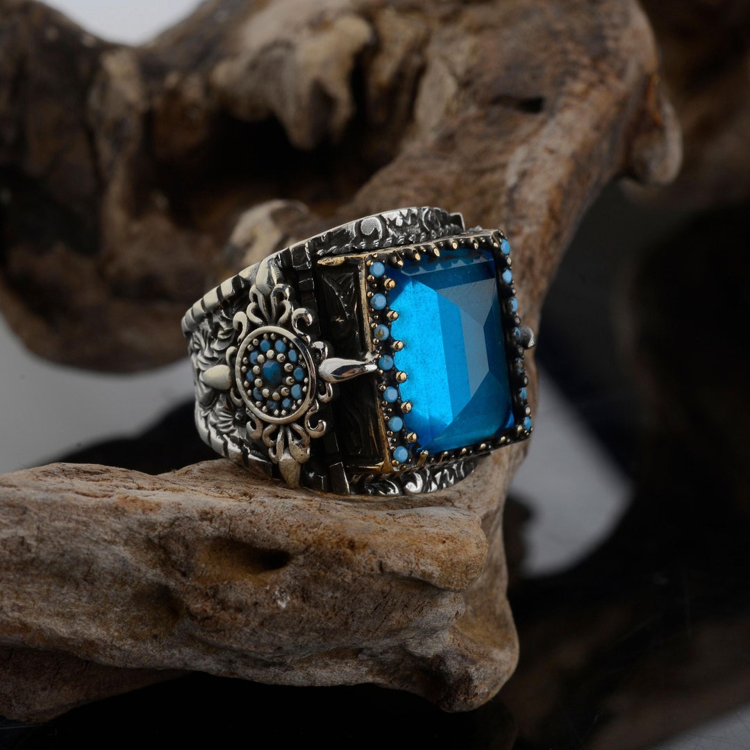 Blue Gemstone Mens Ring, Sterling Silver Mens Wedding Ring, Gemstone ...