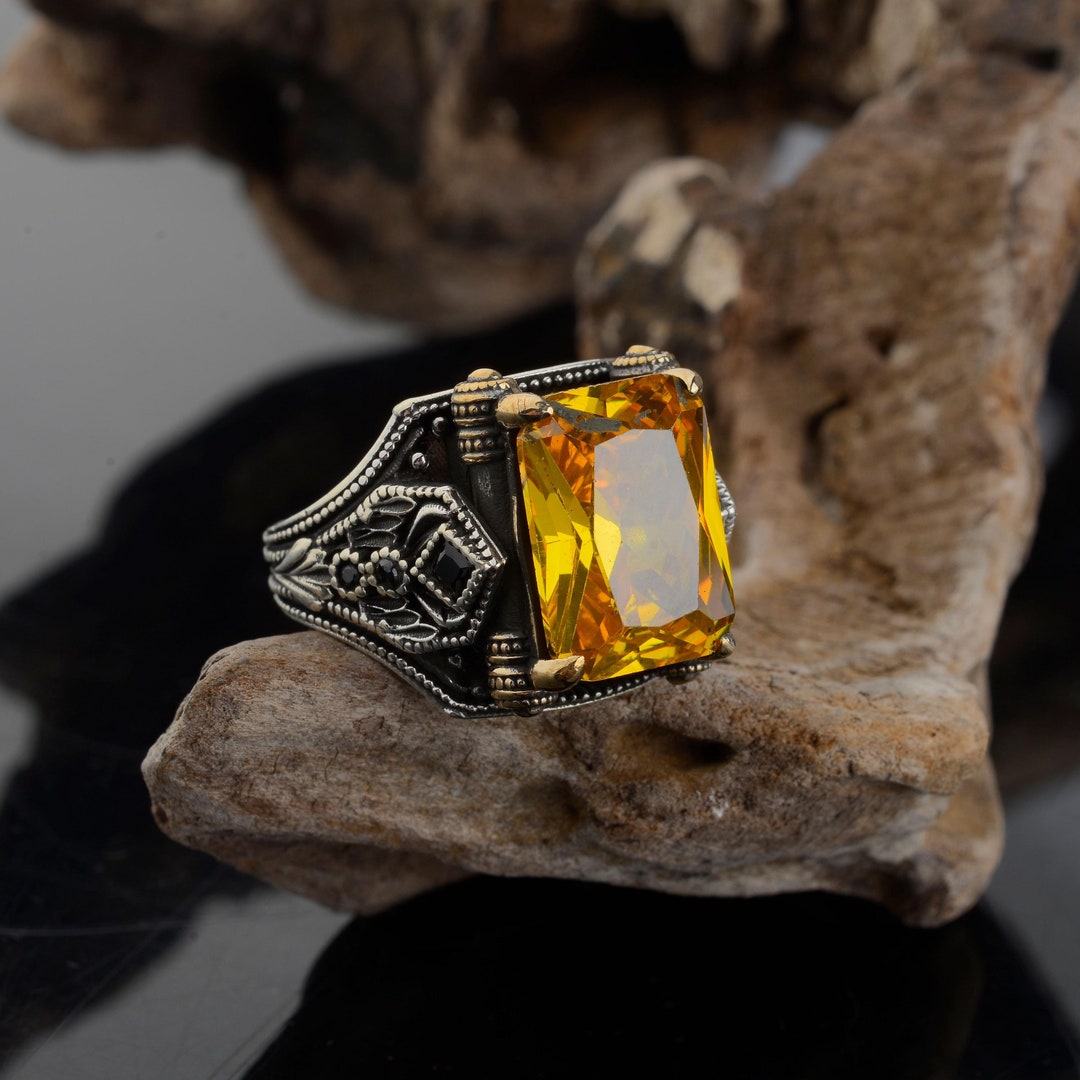 Citrine Mens Ring, 925k Silver Yellow Citrine Gemstone Wedding Rings ...