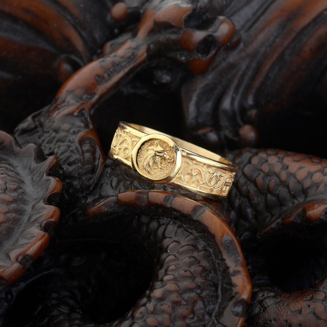 Solid Gold Wolf Signet Ring, 10k Gold Lily Motifs Enggement Ring, Pinky ...