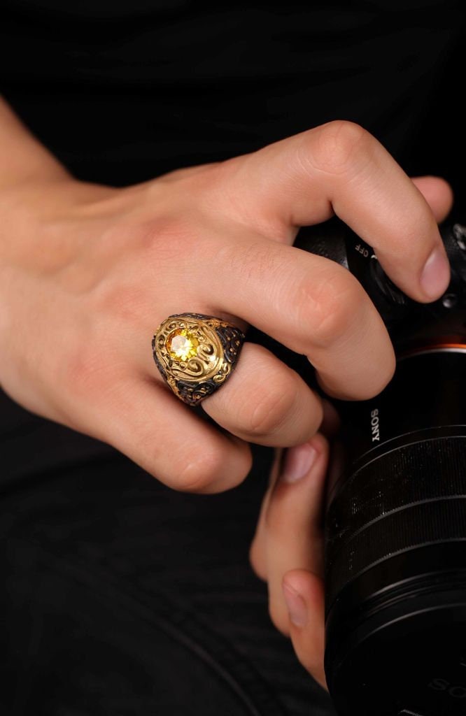 Sterling Silver Mens Ring Citrine Gemstone Man Ring Black - Etsy