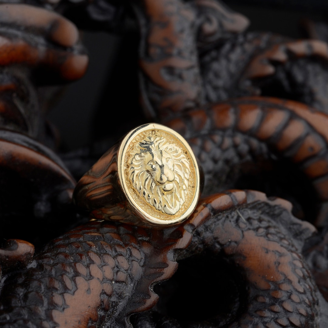 10K Gold Lion Mens Ring, Lion Gold Jewelry, Lion Zodiac Gift ...