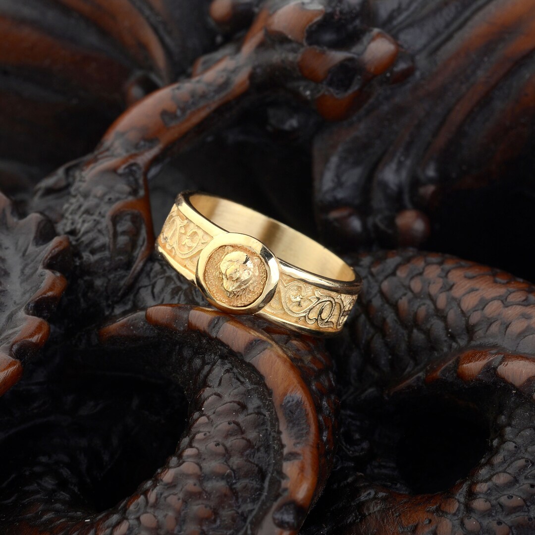 Solid Gold Bear Signet Ring, 10k Gold Lily Motifs Enggement Ring, Pinky ...