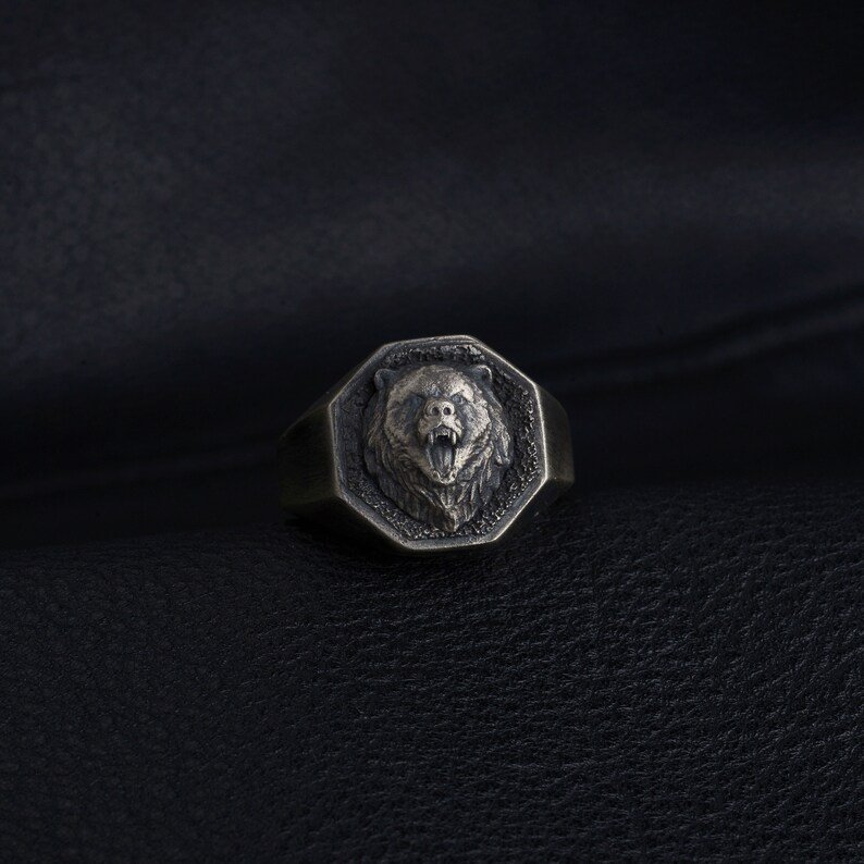 Sterling Silver Roaring Bear Man Ring, Brutal Biker Ring, Wild Animal ...