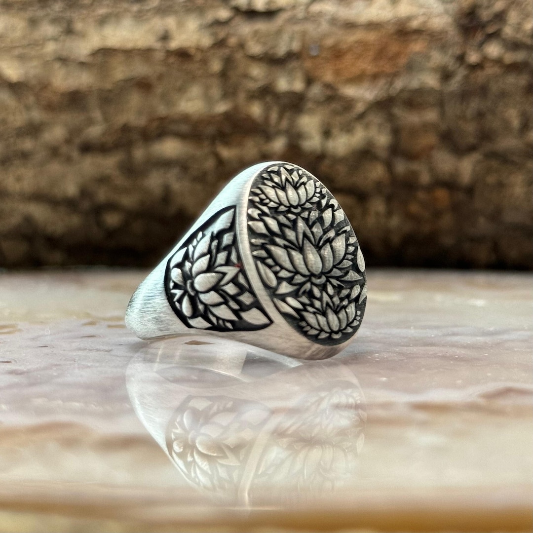 Oxidized Lotus Flower Mens Ring, Lotus Ring, Japanese Kanji Ornamental ...