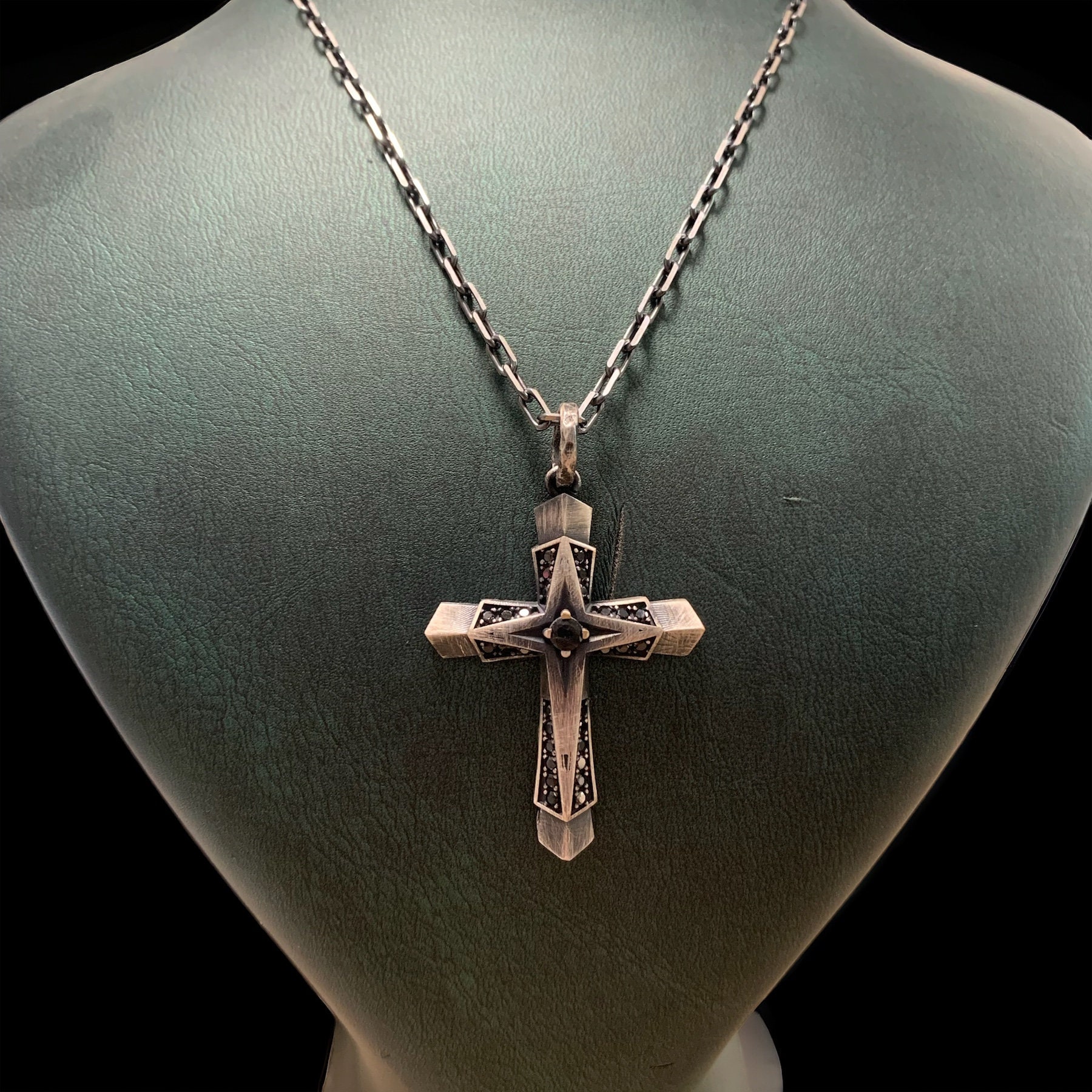 Unique Silver Cross Necklace Men, Black Zircon Oxidized Cross Pendant ...