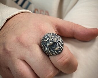 Lion Men's Ring, Handmade Sterling Silver Lion Signet Men Ring, Wild ...