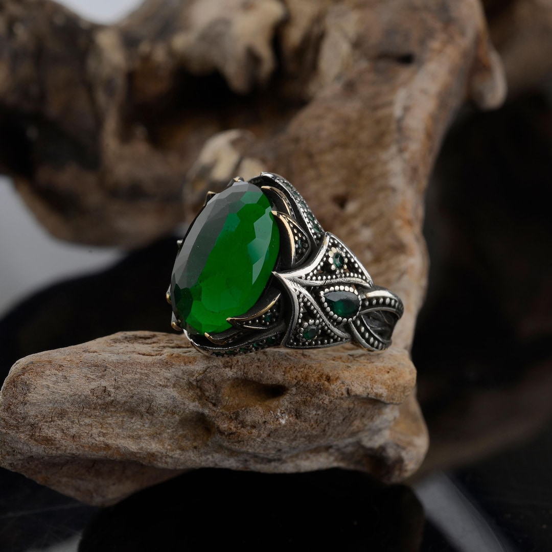 Green Emerald Color Mens Ring, 925k Silver Green Gemstone Wedding Rings ...