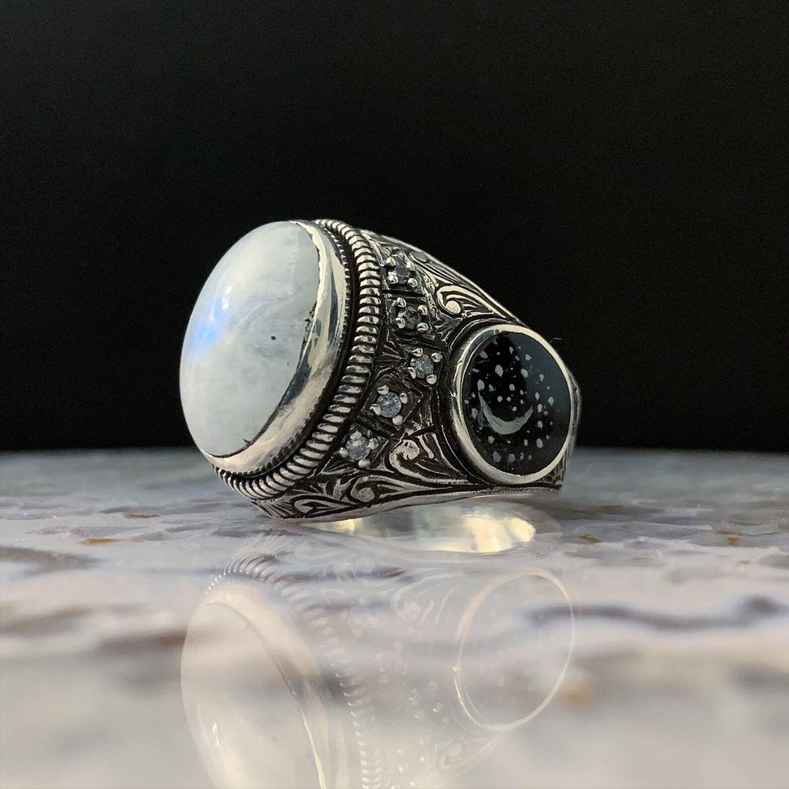 Moonstone Rings for Men, Hand-painted Man Ring,sterling Silver Unique ...