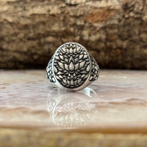 Oxidized Lotus Flower Mens Ring, Lotus Ring, Japanese Kanji Ornamental ...