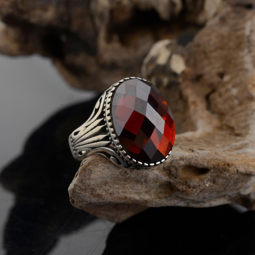 925k Silver Mens Red Ruby Ring, Birthday Gift for Father, Red Zircon ...