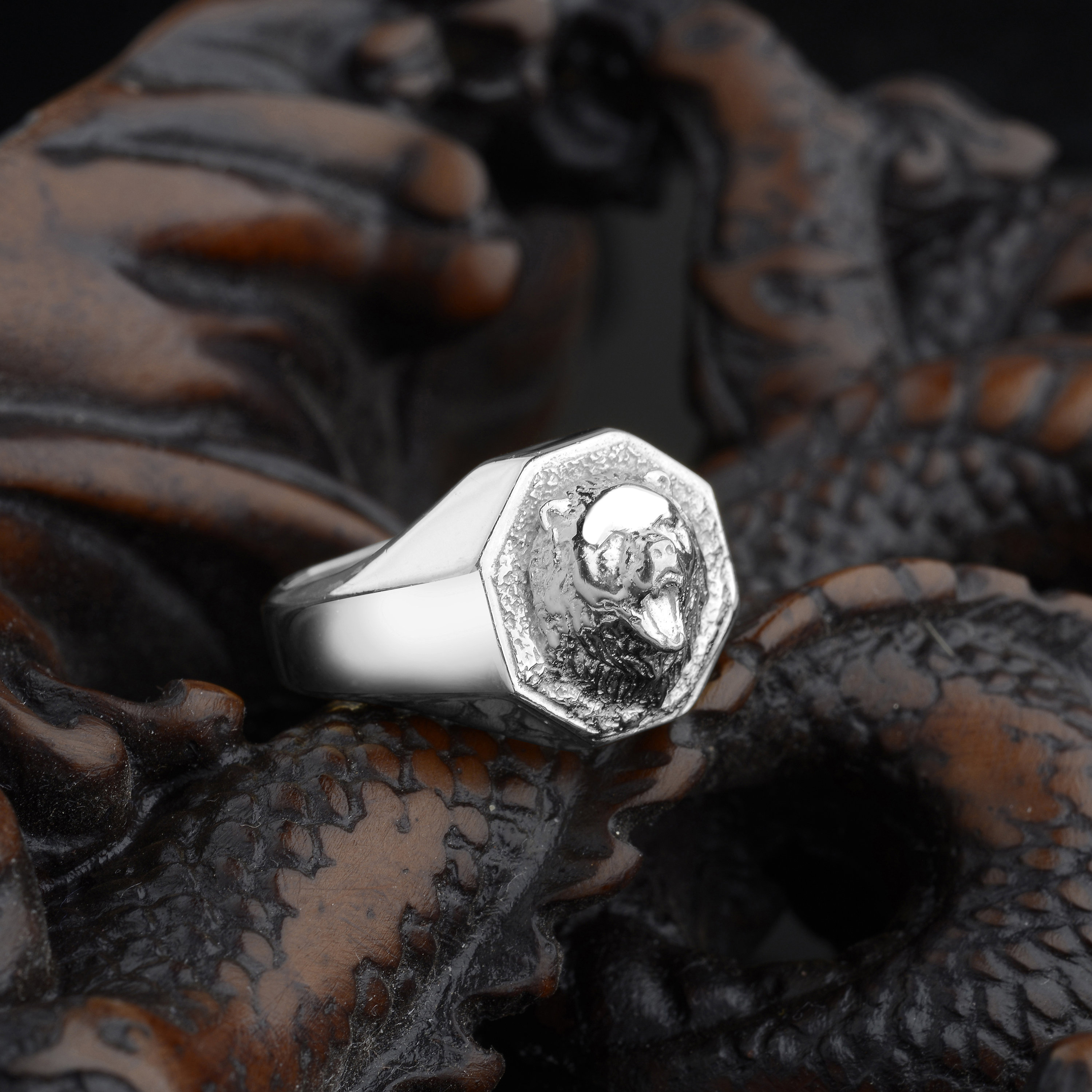 Sterling Silver Roaring Bear Man Ring, Brutal Biker Ring, Wild Animal ...
