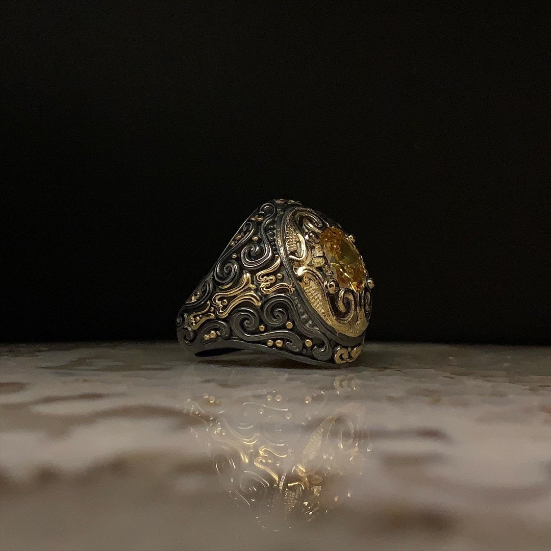 Sterling Silver Mens Ring, Citrine Gemstone Man Ring, Black Silver Men ...