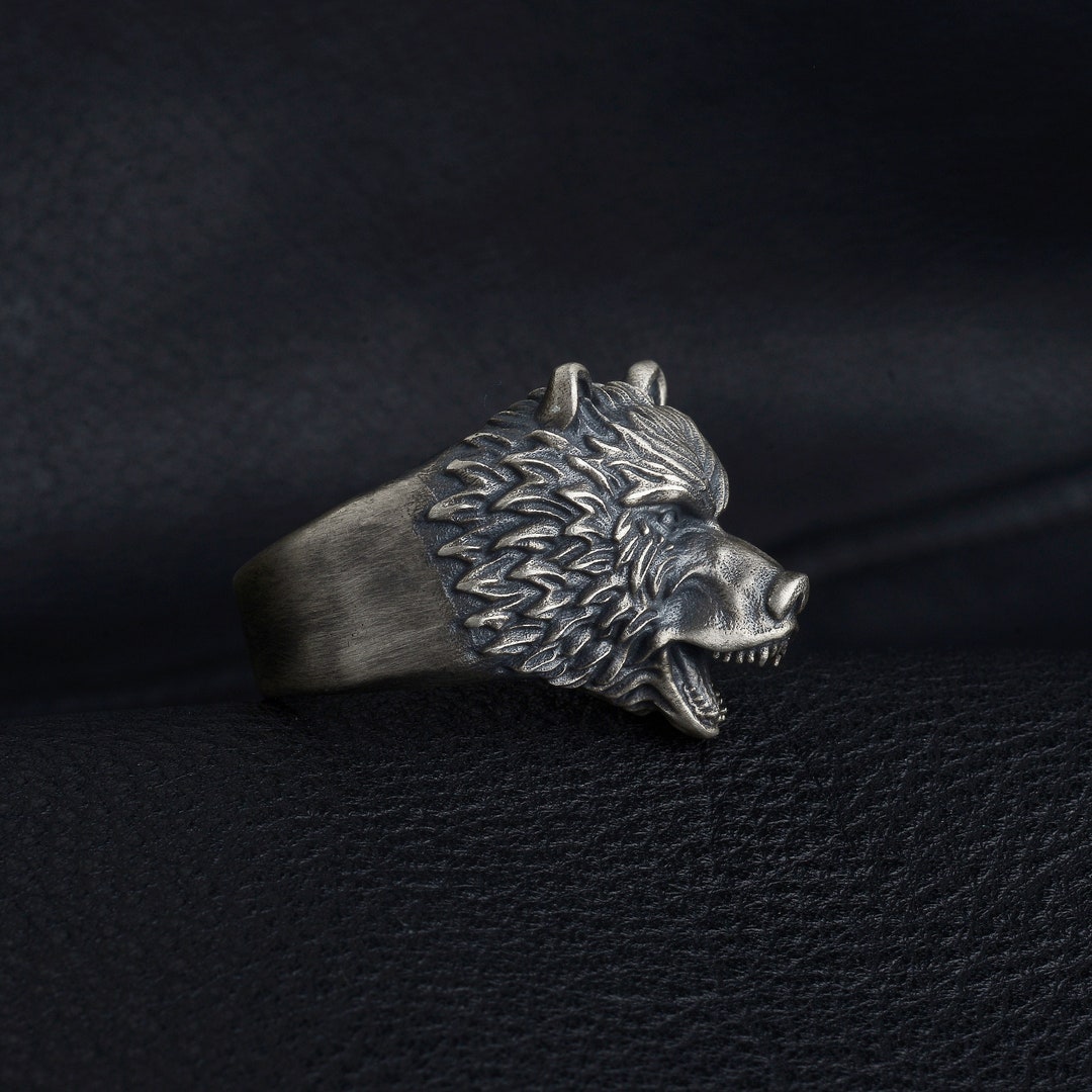 Sterling Silver Bear Head Ring, Viking Bear Ring ,biker Ring, Silver ...