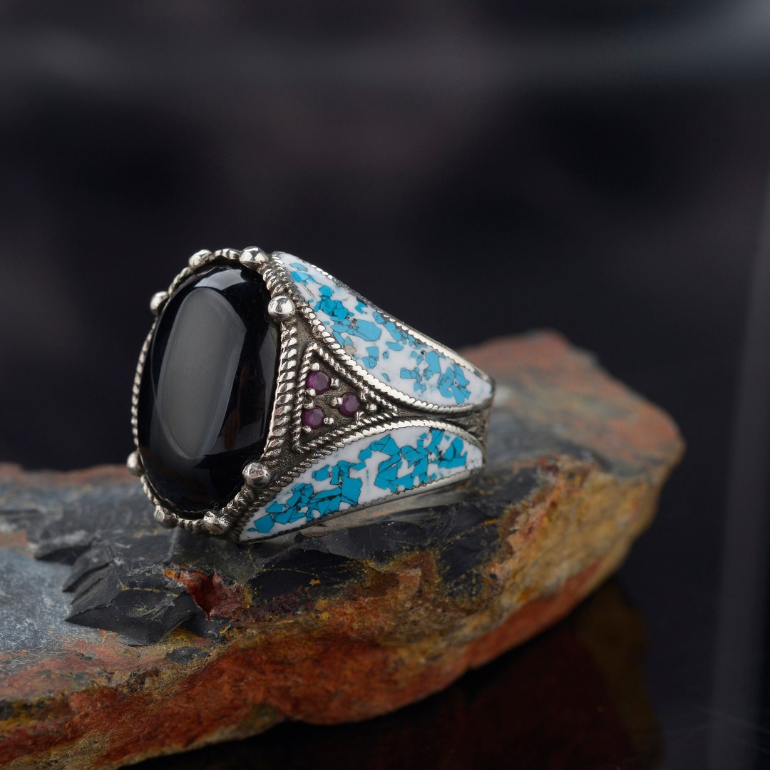 Unique Blue Enamel Man Ring, Man Ring,oval One Rings for Men ,sterling ...