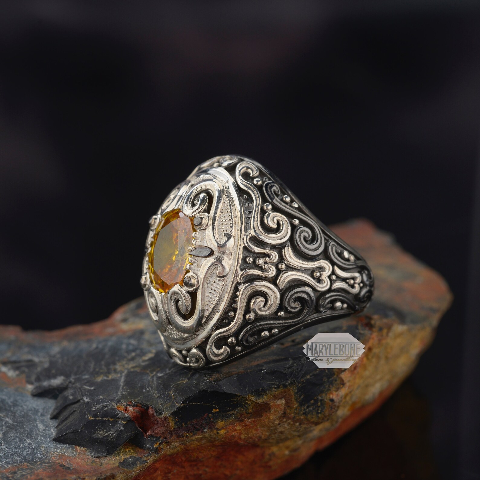 Silver Rings Mens Ring, Citrine Gemstone Man Ring, Sterling Silver Men ...