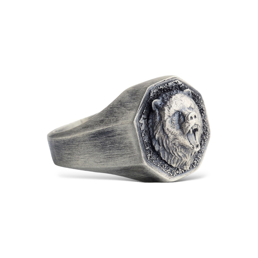 Sterling Silver Roaring Bear Man Ring, Brutal Biker Ring, Wild Animal ...
