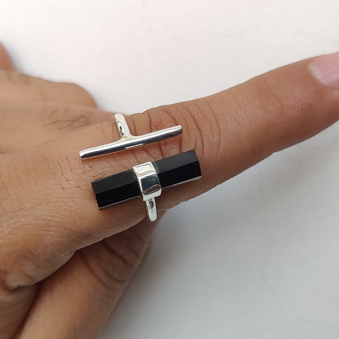 Minimalist Black Onyx Stick Ring: Adjustable Sterling Silver - Etsy