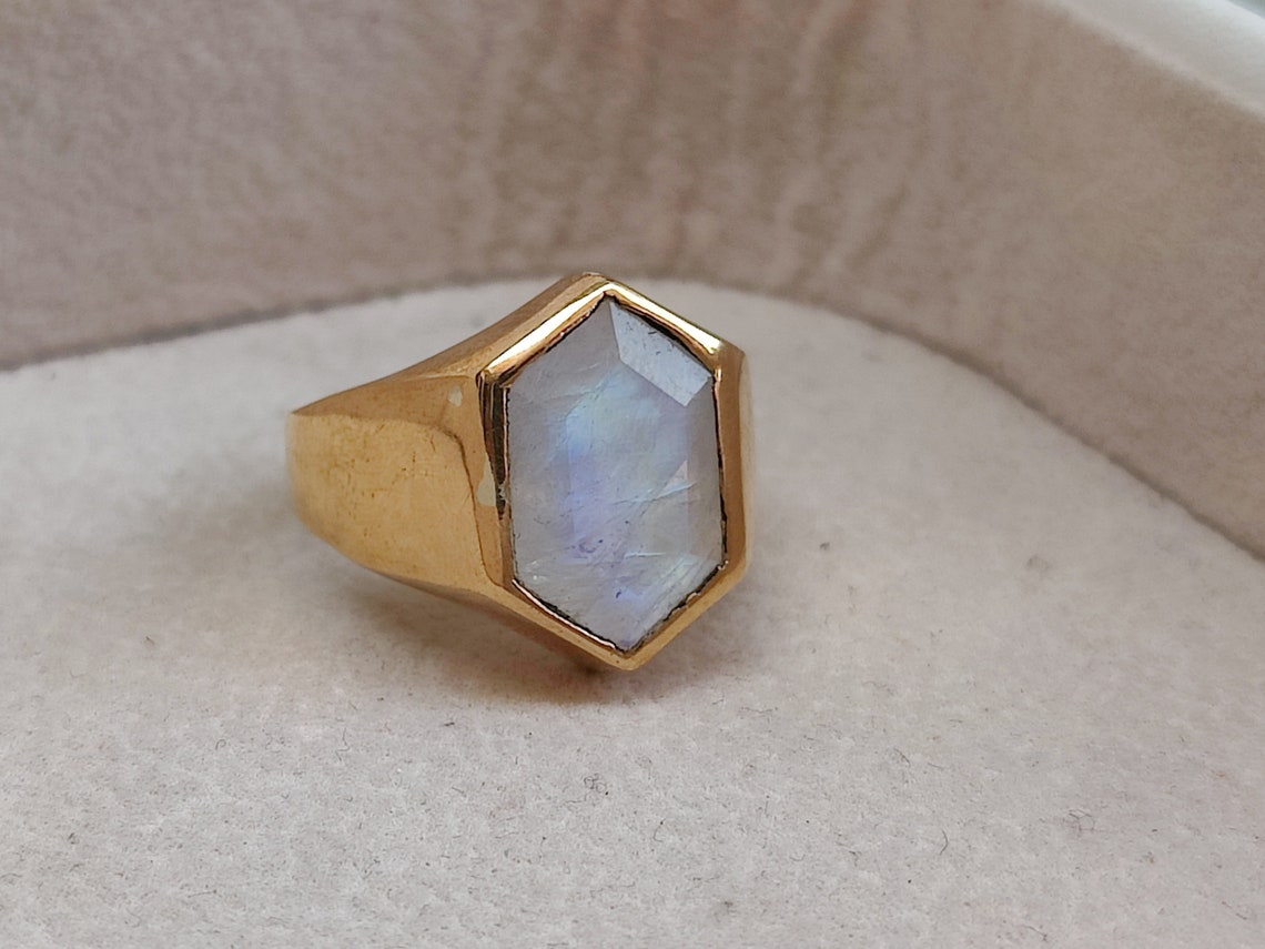 Natural Moonstone Signet Hexagon 925 Sterling Silver Ring, Mens Ring ...