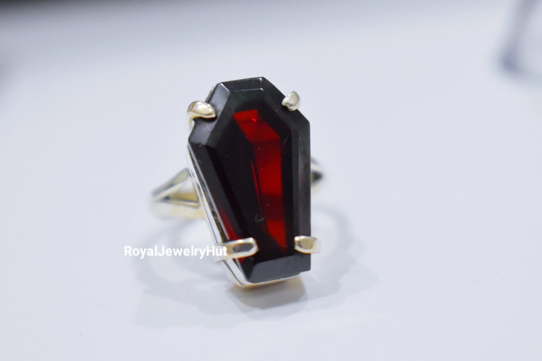 Red Garnet Coffin Ring, 925 Solid Sterling Silver Ring, 22k Gold Fill ...