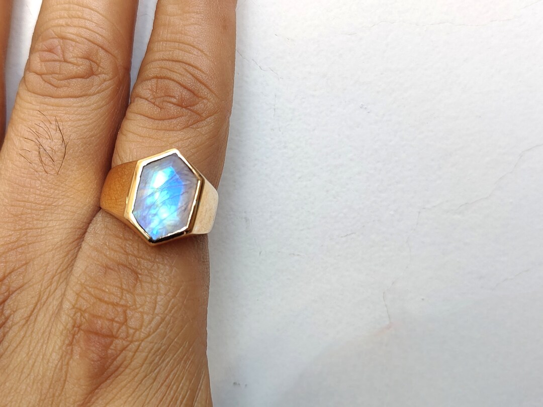 Natural Moonstone Signet Hexagon 925 Sterling Silver Ring, Mens Ring ...