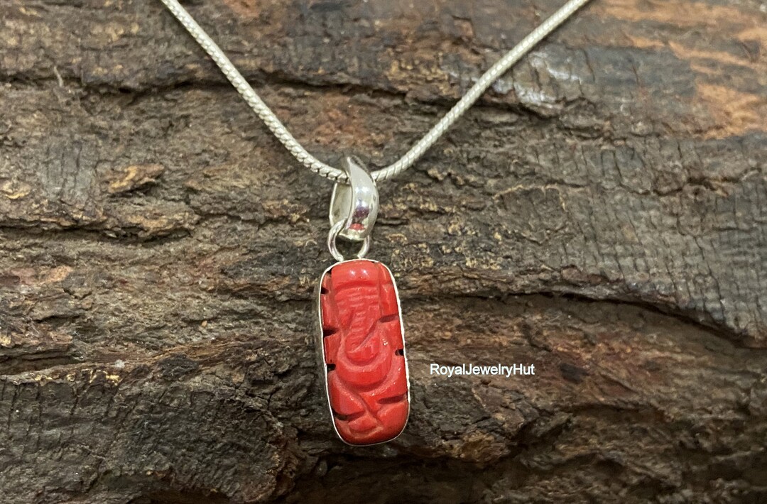 Red Coral Ganesha Necklace Pendant, Sterling Silver Pendant, Ganesh ...