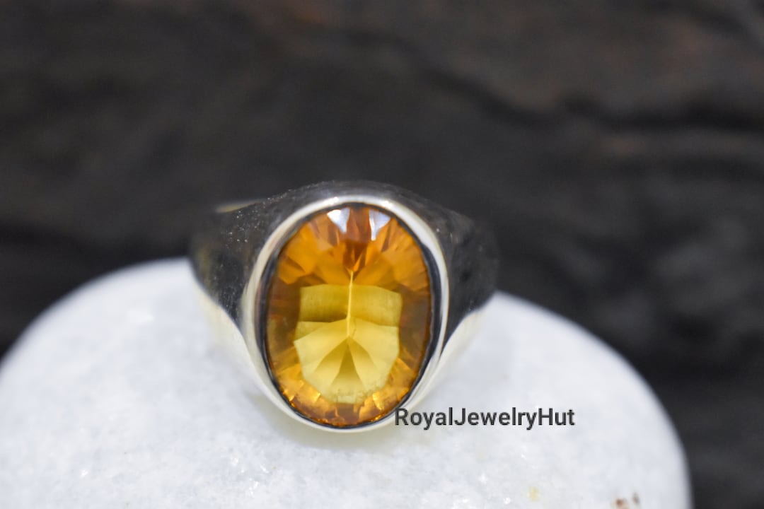 Citrine Signet Stone Ring - 925 Solid Sterling Silver Ring - Mens ...