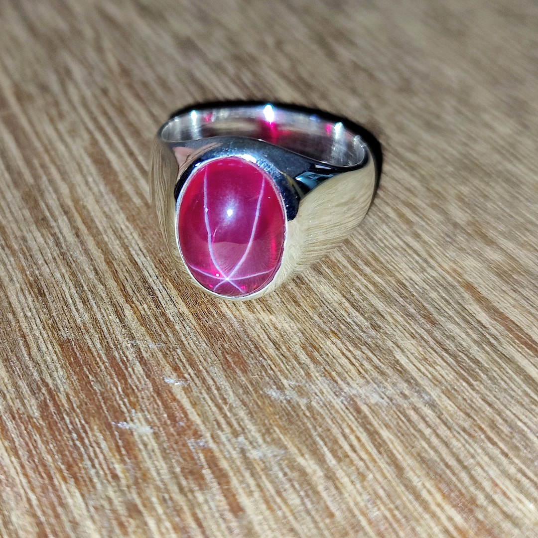 Ruby Star Ring, Signet Ring for Men Women, 925 Solid Sterling Silver ...