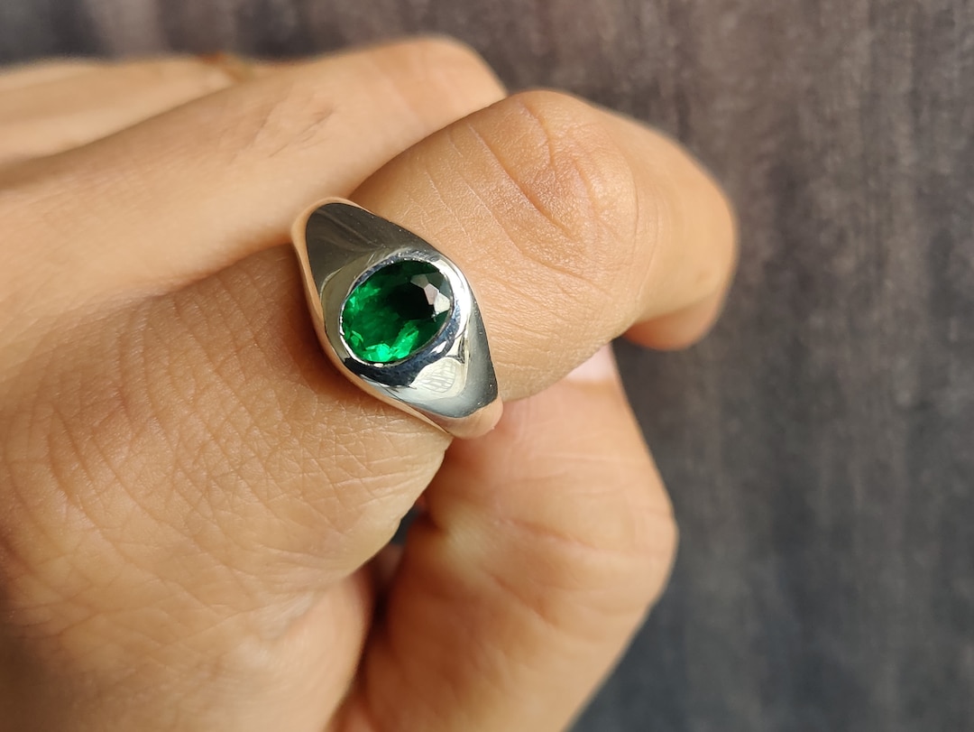 Oval Emerald Silver Signet Ring, 925 Sterling Silver Ring, Emerald Signet Ring, May Birthstone ...