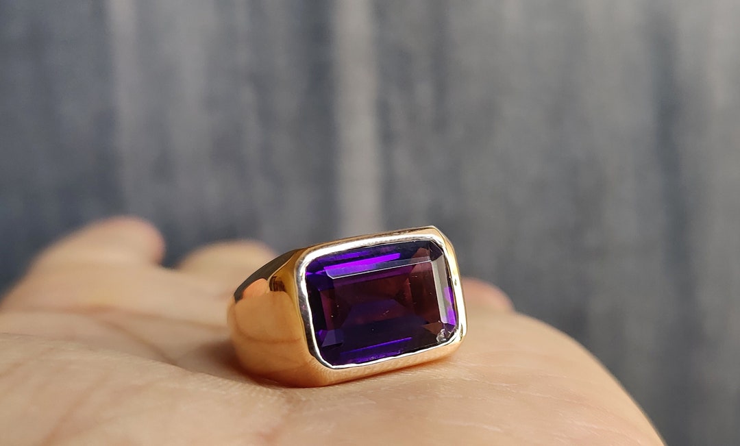 Mens Amethyst Ring, Ring for Man Women, 925 Solid Sterling Silver Ring, 22k Gold Fill, Statement ...