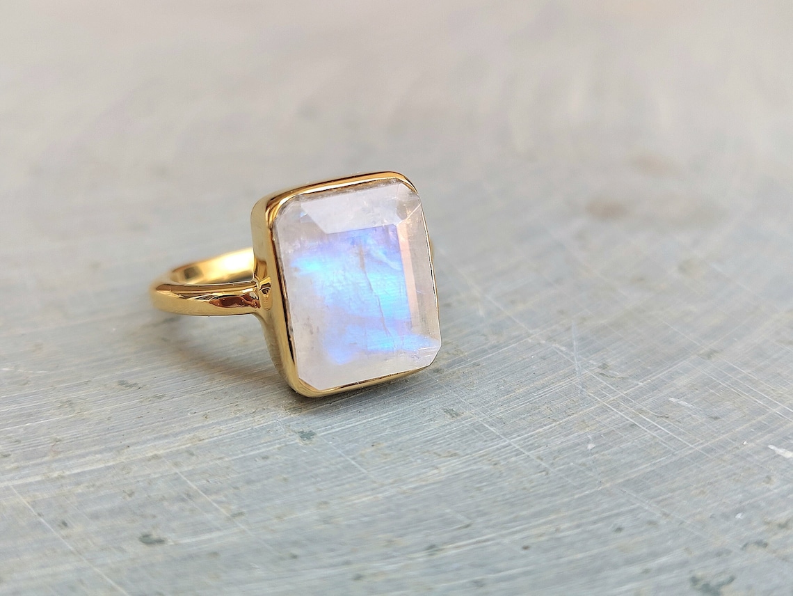 Rainbow Moonstone Ring: Square Solitaire, 925 Sterling Silver - Etsy