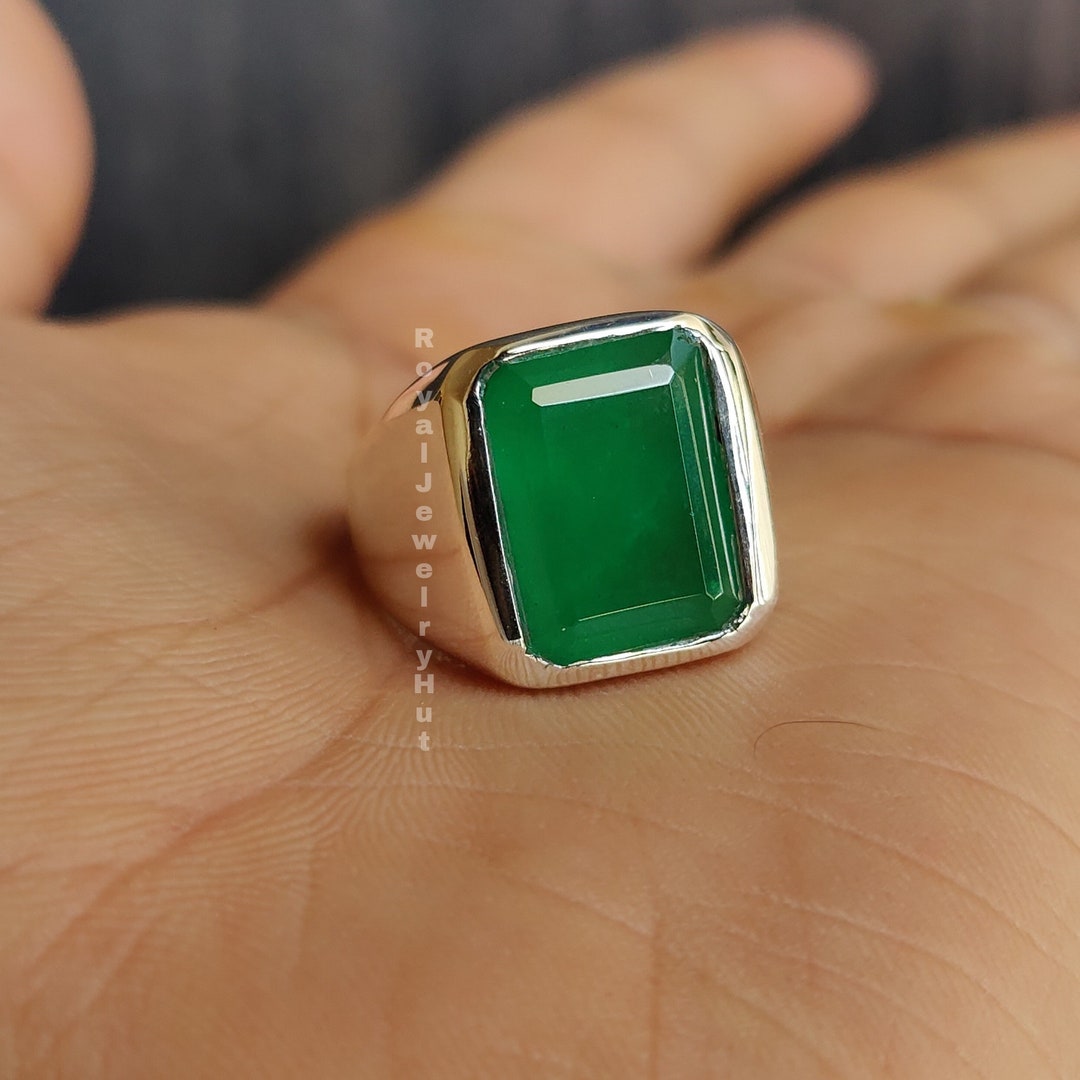 Emerald Ring for Mens, Signet Ring, 925 Solid Sterling Silver Ring, 22k Gold Fill, Bohemian Ring ...