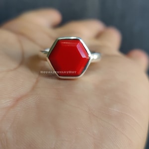 Beautiful Red Coral Ring, Hexagon Shape Gemstone, Handmade Jewelry, 925 ...