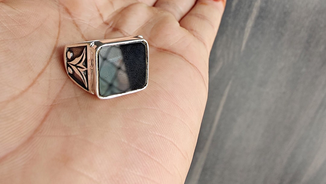 Black Onyx Signet Ring, Black Onyx Engraved Signet Ring, Square Onyx ...