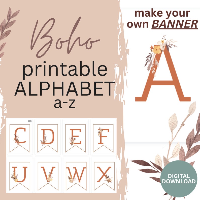 Boho Printable Banner, Diy Bunting, Boho Theme Alphabet, Neutral ...