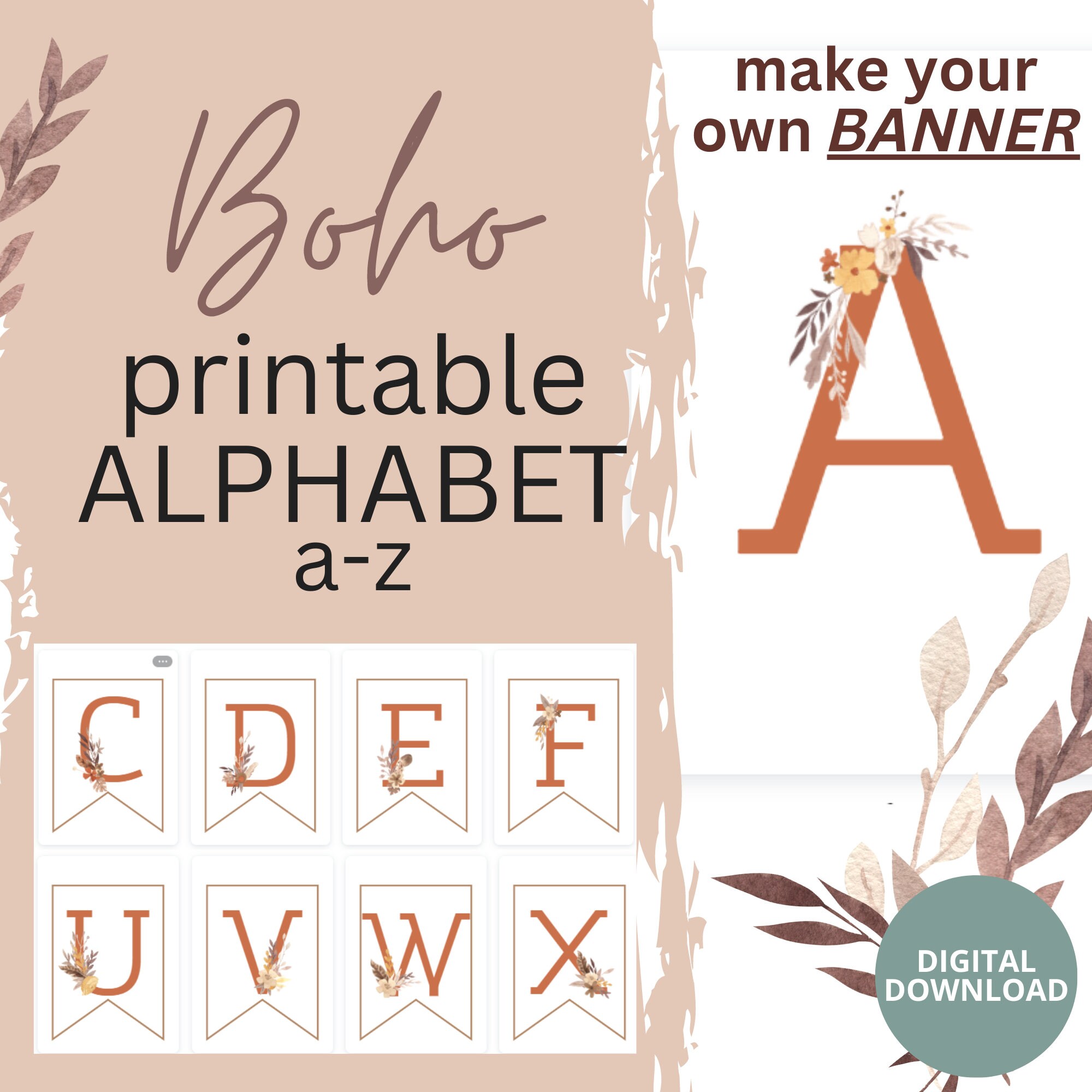 Boho Printable Banner, Diy Bunting, Boho Theme Alphabet, Neutral ...